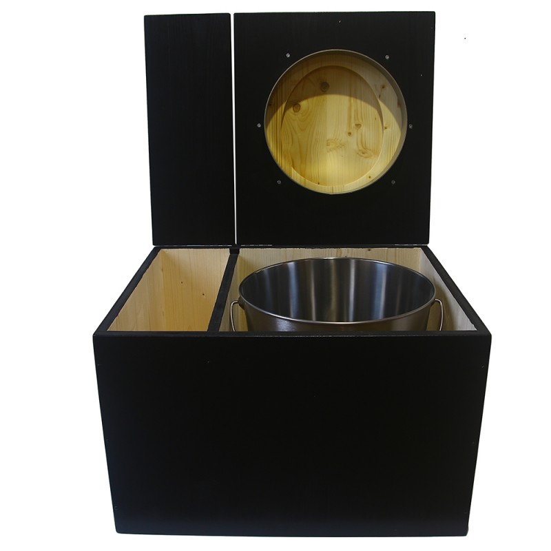 Toilette sèche noire avec bac intégré, abattant huilé avec seau inox