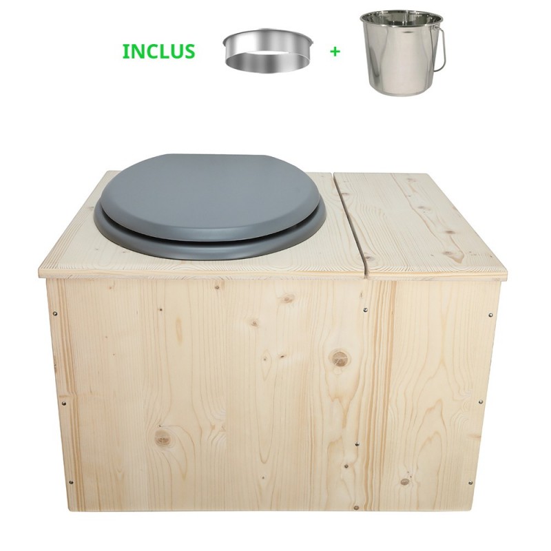 Toilette sèche en bois avec bac à copeaux, abattant gris, seau inox