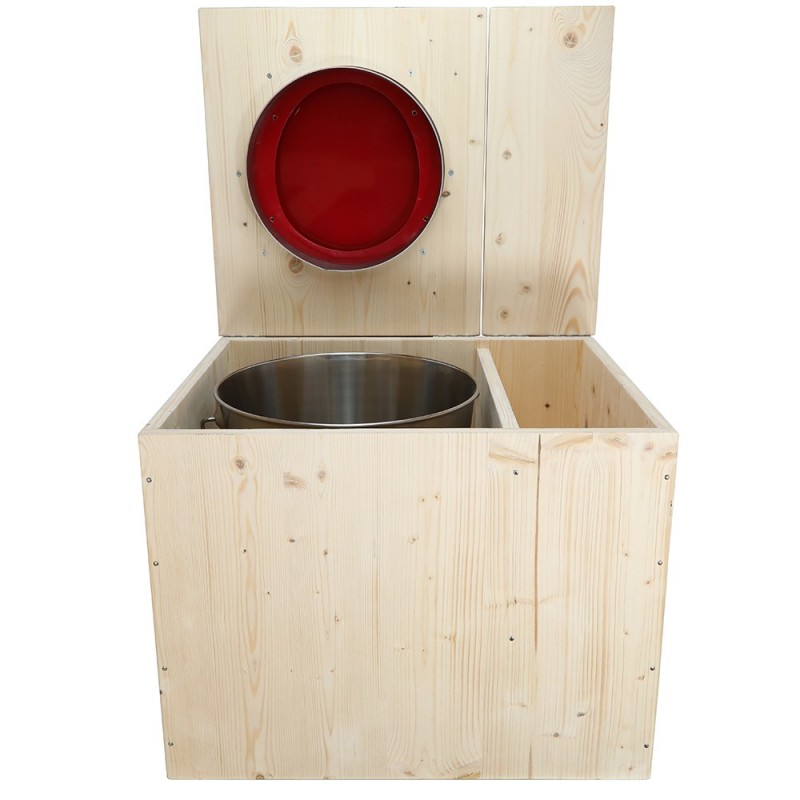Toilette sèche rehaussée avec bac, abattant rouge framboise, seau inox
