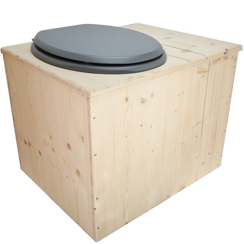 Toilette sèche rehaussée avec bac, abattant gris, seau inox