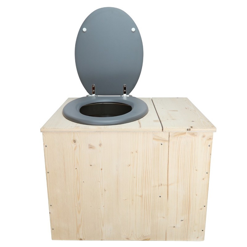Toilette sèche rehaussée avec bac, abattant gris, seau inox