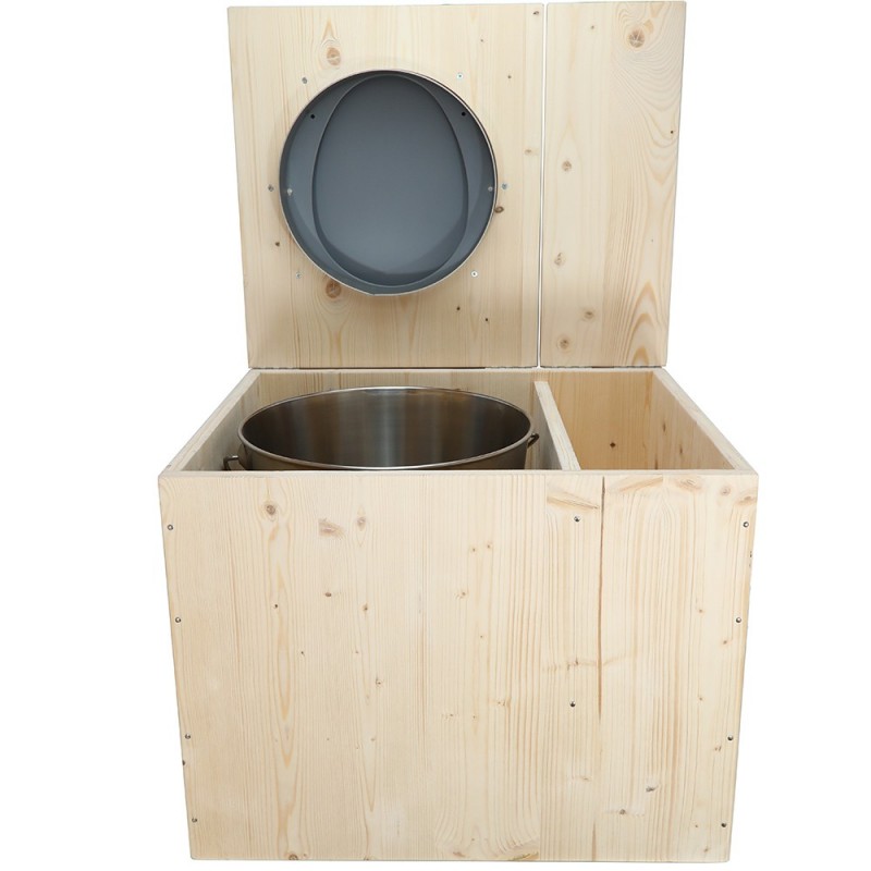 Toilette sèche rehaussée avec bac, abattant gris, seau inox