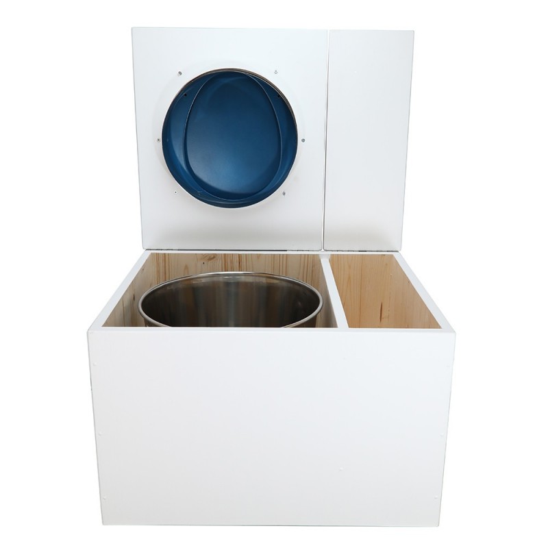 Toilette sèche avec bac intégré, bois blanc, abattant bleu, seau inox