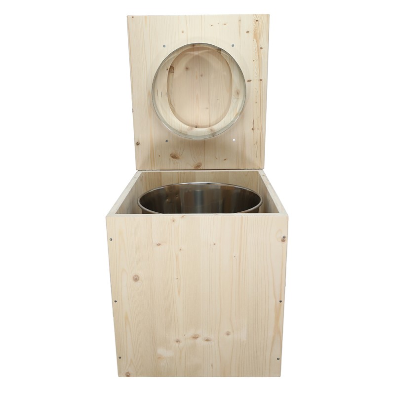 Toilette sèche rehaussée en bois avec seau inox, bavette inox, abattant D